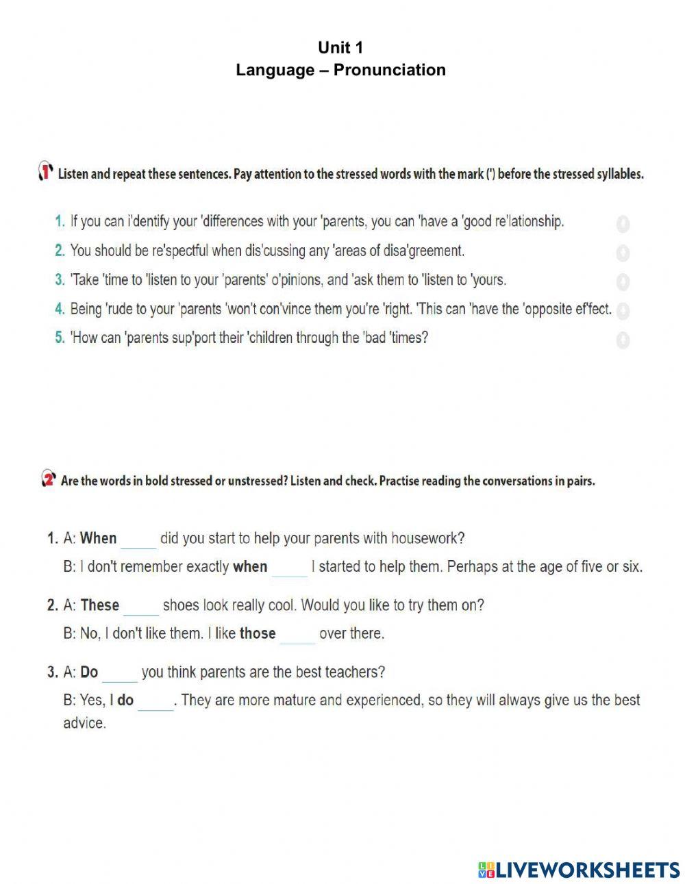 G11-Unit11-Language-Pronunciation worksheet | Live Worksheets