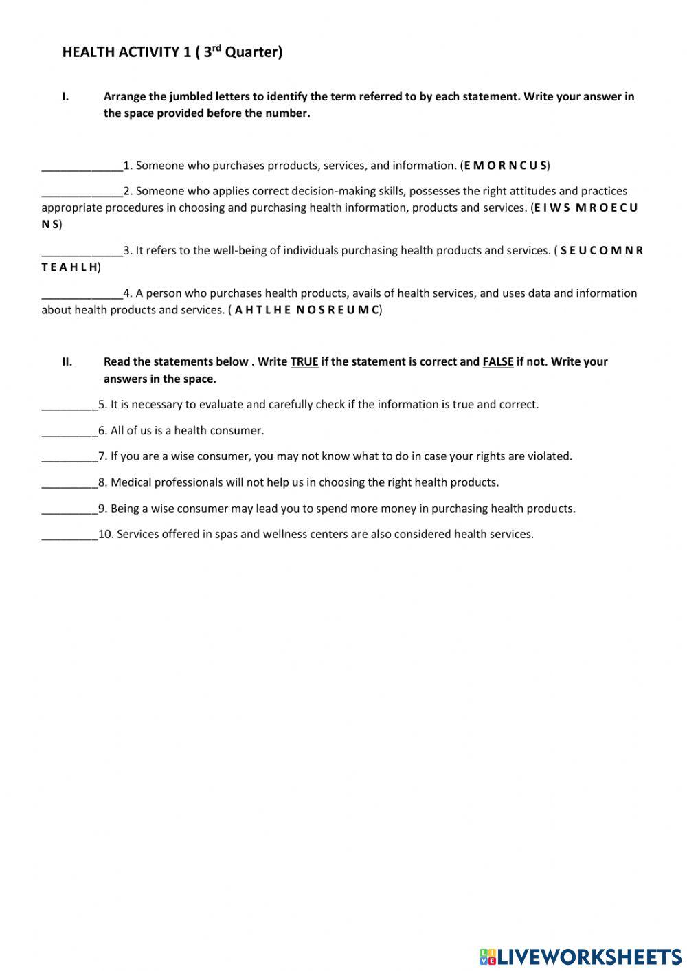 HEALTH ACTIVITY 1 (3rd QUARTER online exercise for | Live Worksheets