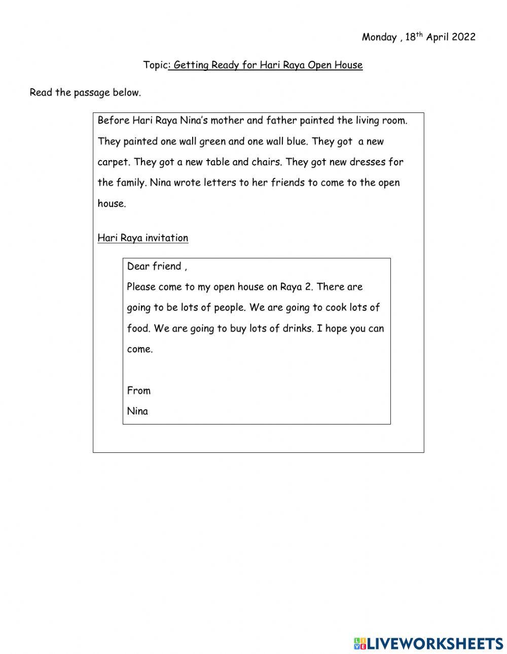 Hari Raya Celebration online exercise for | Live Worksheets