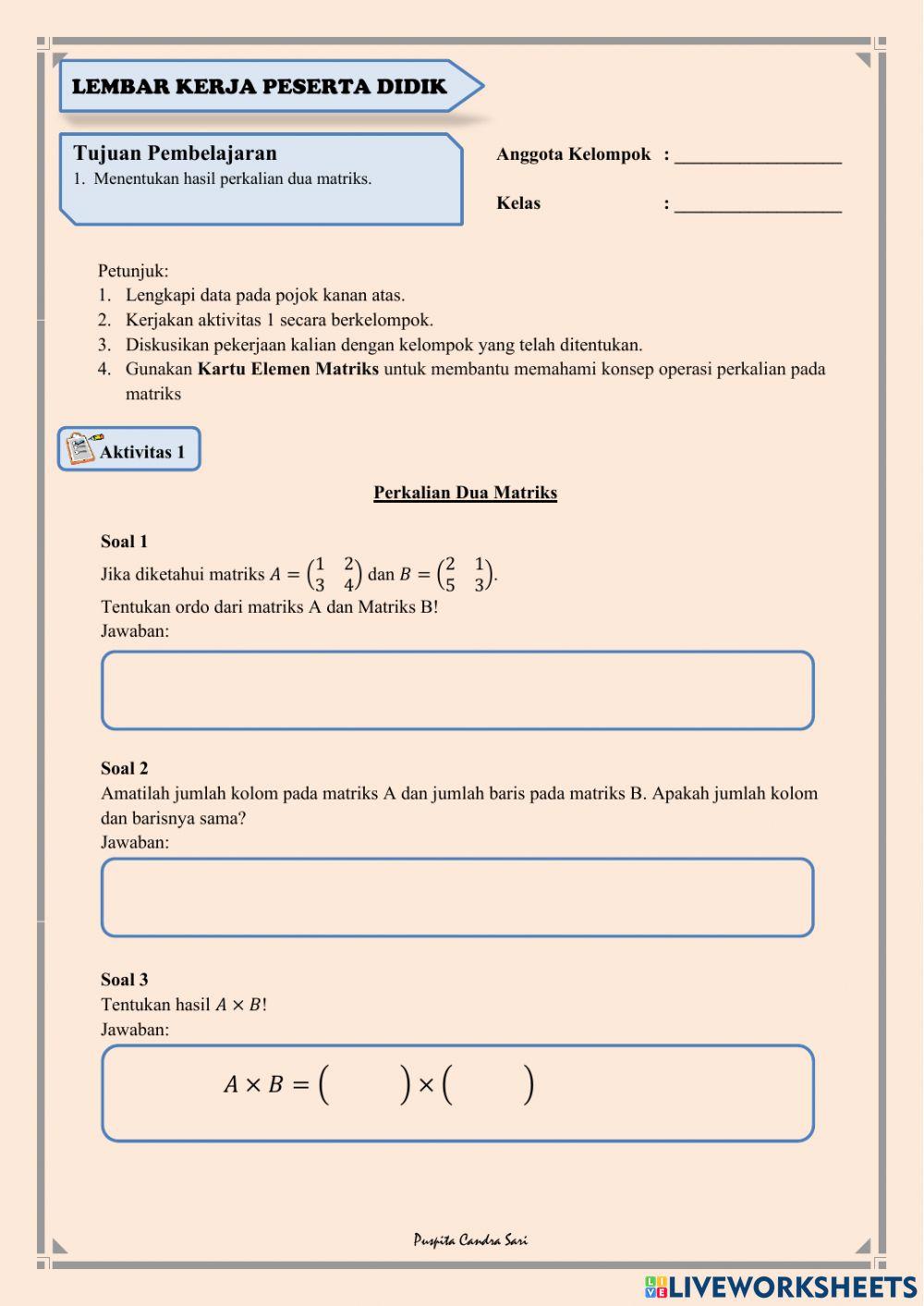 LKPD Perkalian Matriks 1 online exercise for | Live Worksheets