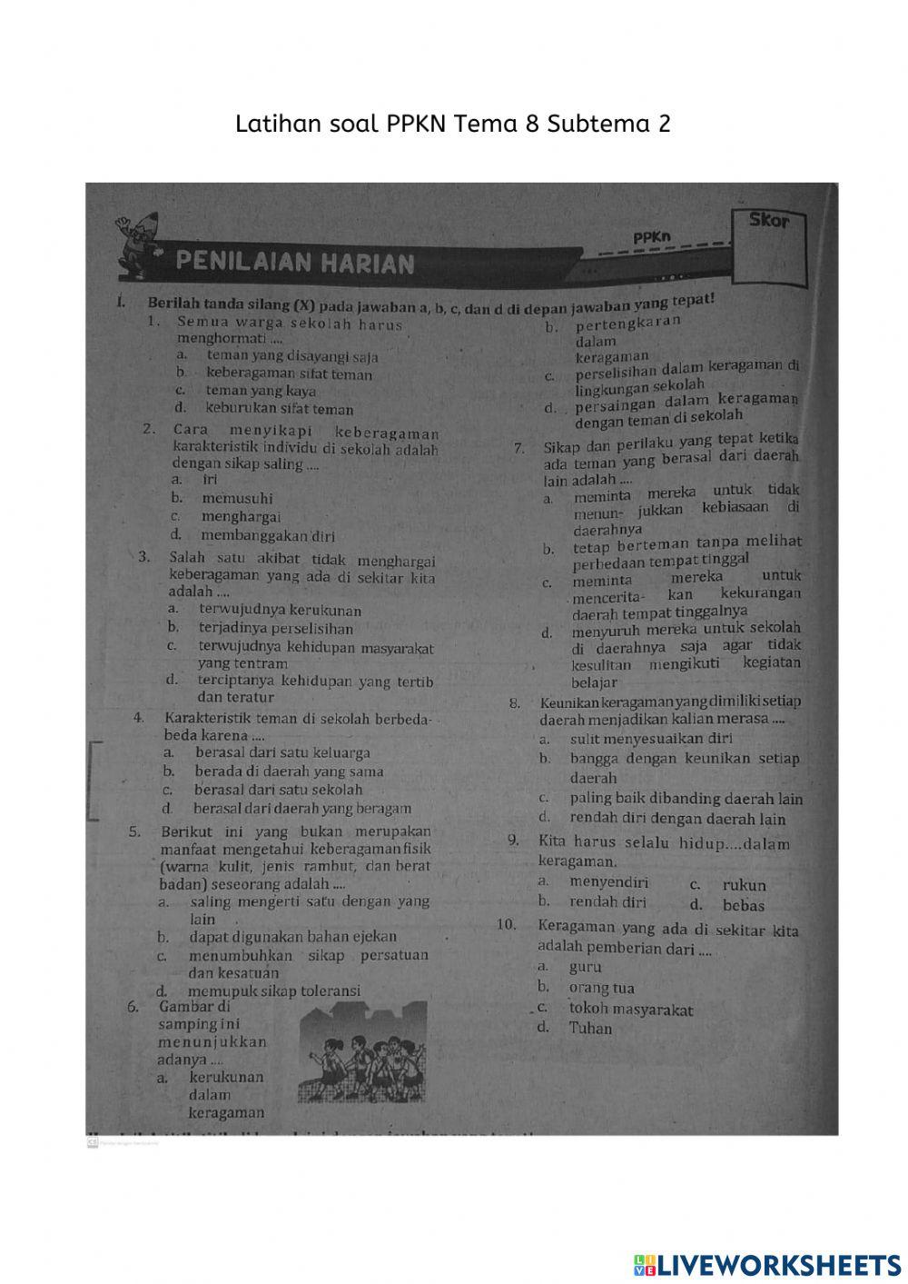 LATIHAN SOAL PPKN TEMA 8 SUBTEMA 2 online exercise for | Live Worksheets