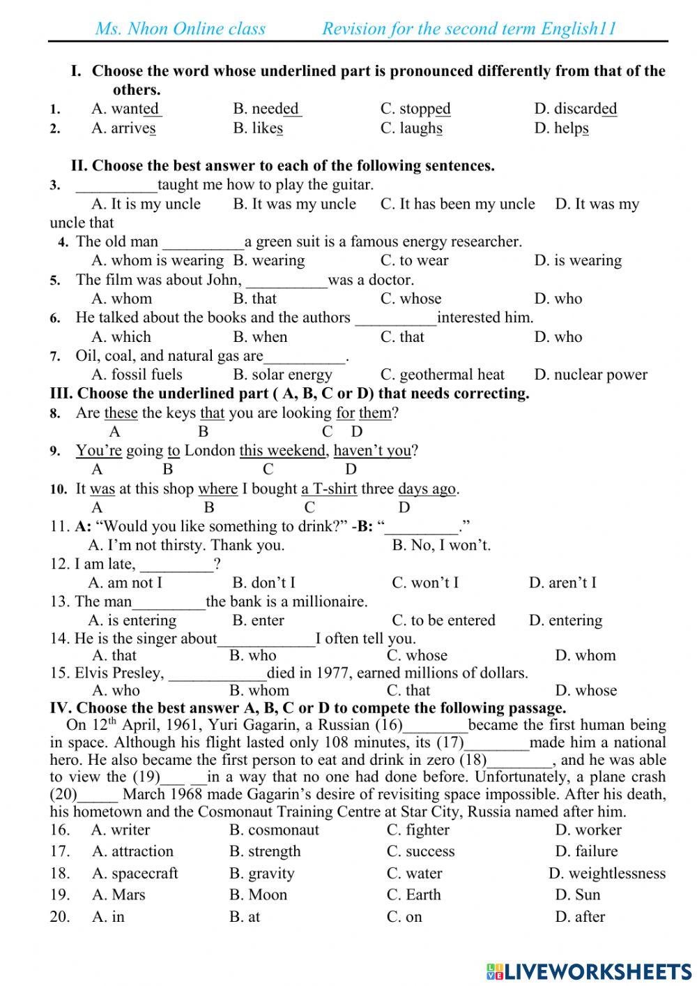Revision English 11 - the second term worksheet | Live Worksheets
