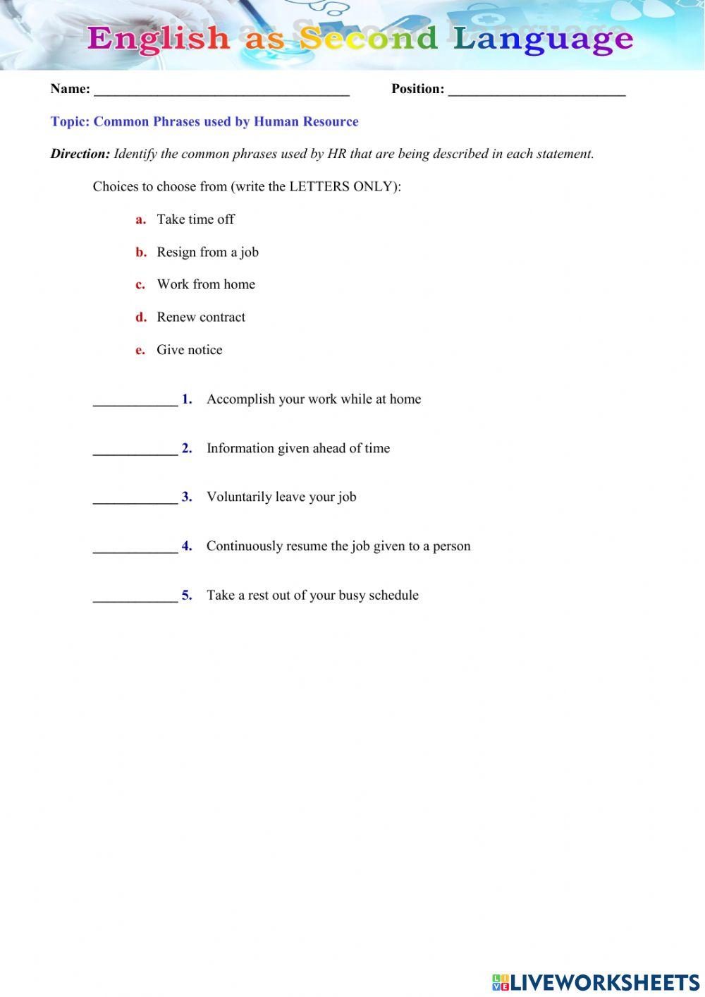HR Basic (Week 8-Common phrases used by HR) worksheet | Live Worksheets