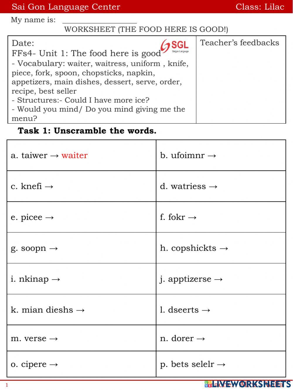 The food here is good! worksheet | Live Worksheets