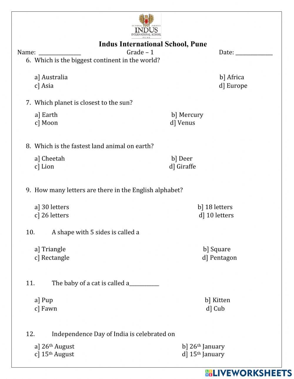 Grade 1 GK Quiz - Round 1 online exercise for | Live Worksheets