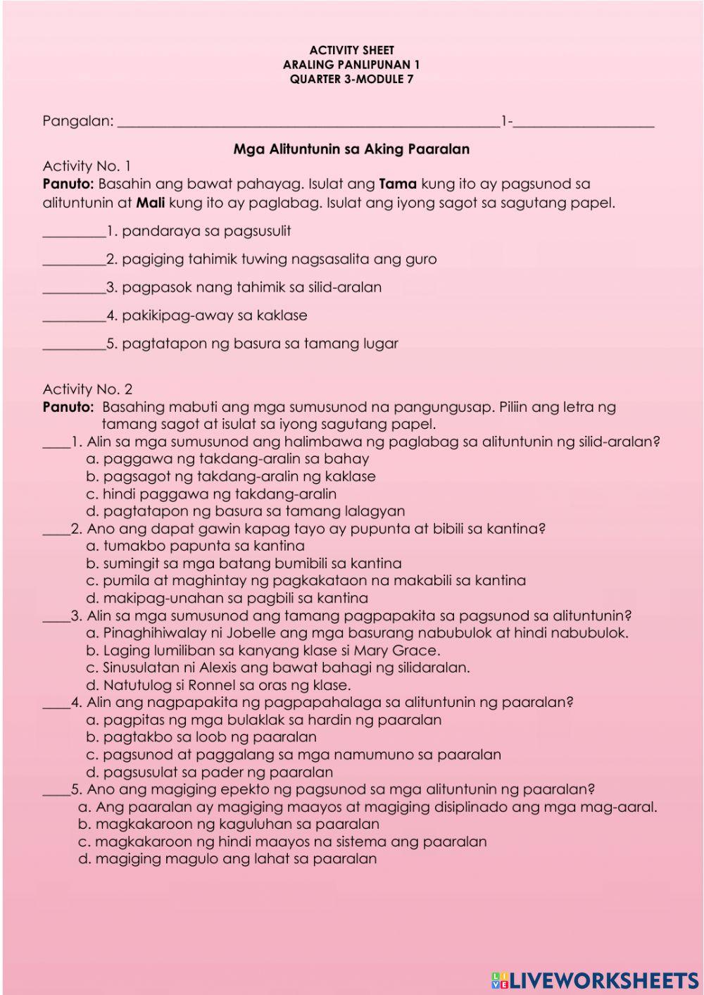 Mga Alituntunin Sa Aking Paaralan Worksheet Live Worksheets