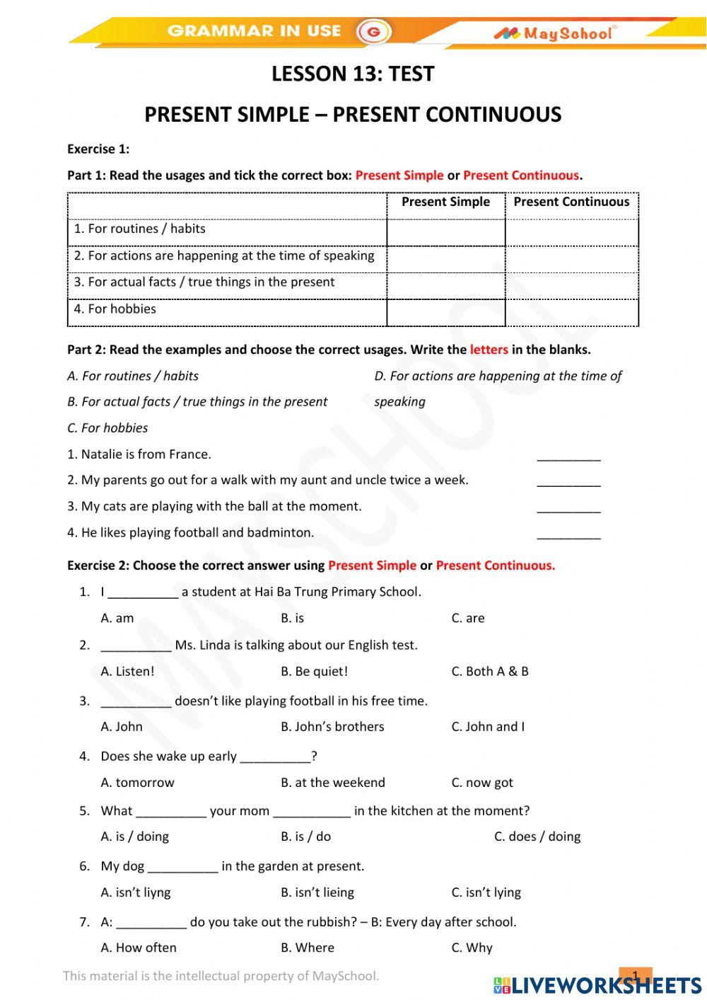 G-Gram-L13-Present Simple - Present Continuous-Test online exercise for ...