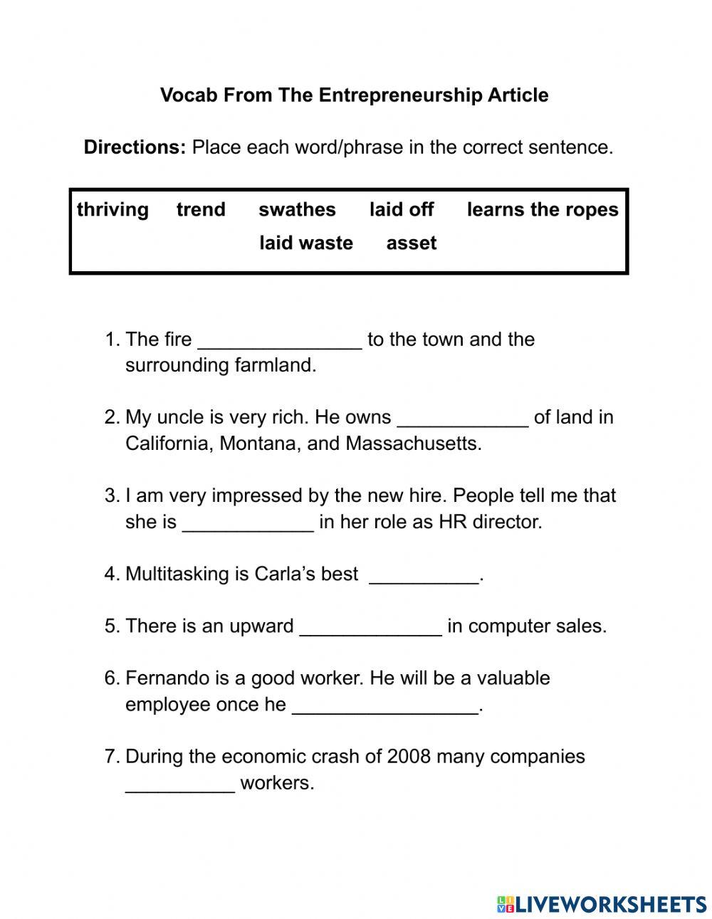Entrepreneurship Article Vocab worksheet | Live Worksheets