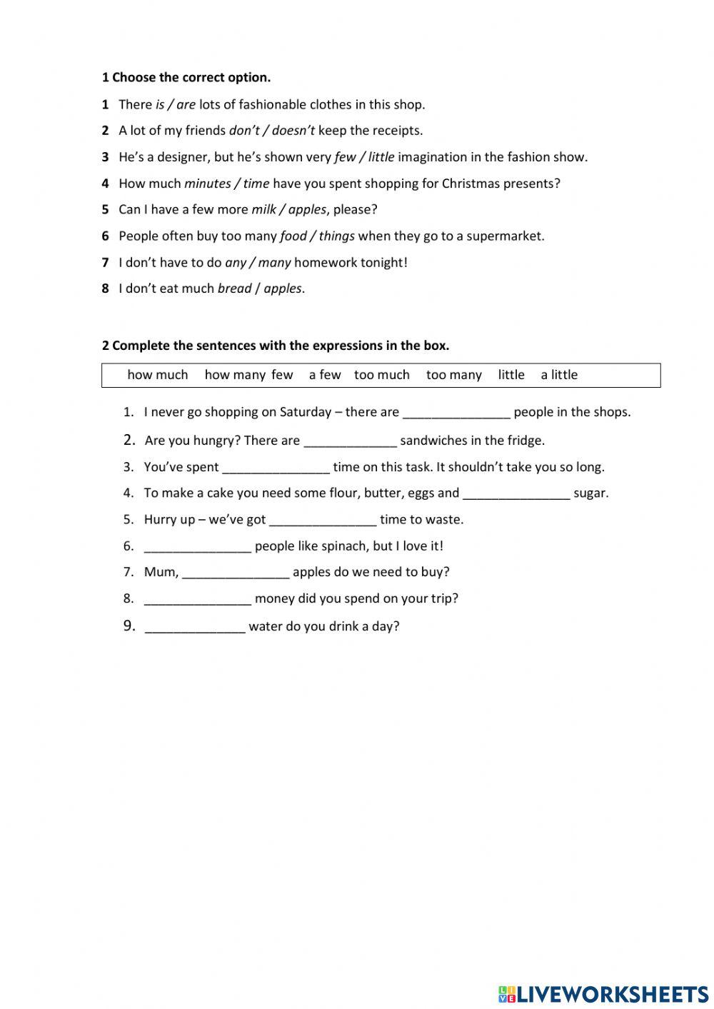 Quantifiers online exercise for Grade 9 | Live Worksheets