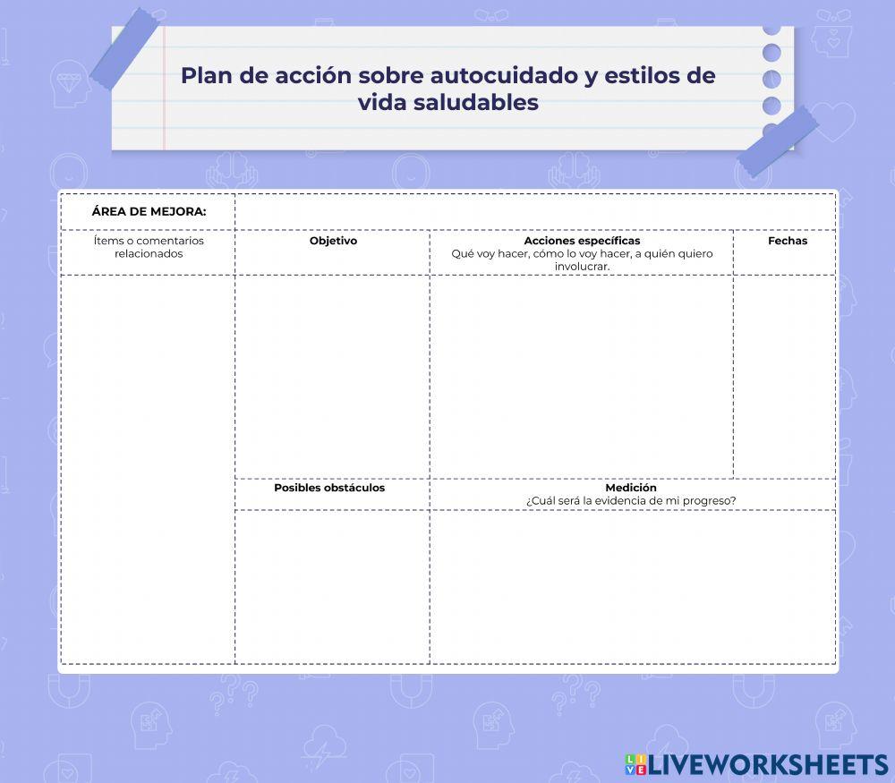 Plan de acción sobre autocuidado worksheet | Live Worksheets