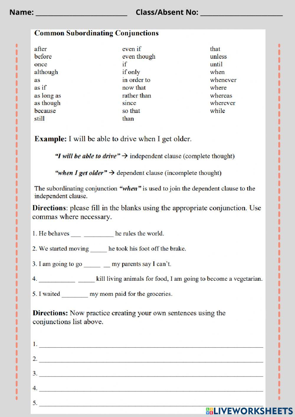 Subordinating Conjunction | LiveWorksheets | 6859206