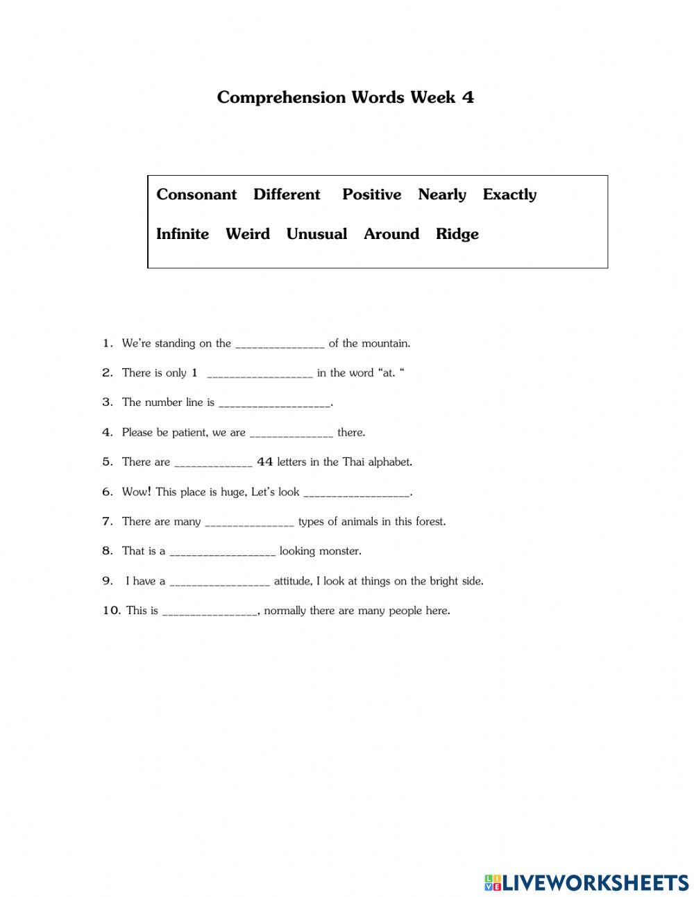 Comprehension words interactive worksheet | Live Worksheets