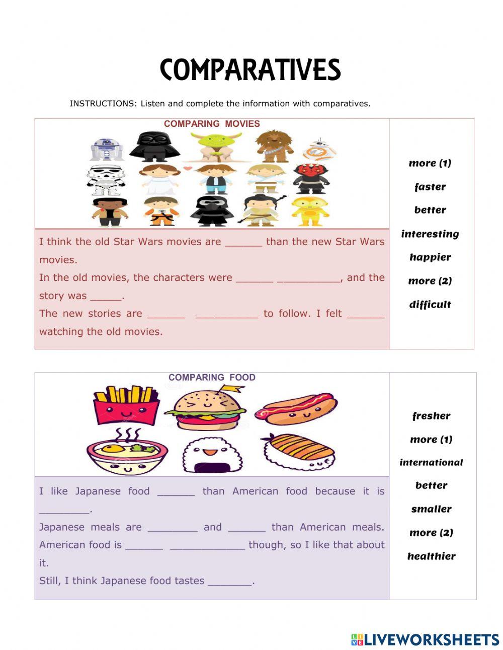 Comparing movies and food online exercise for | Live Worksheets