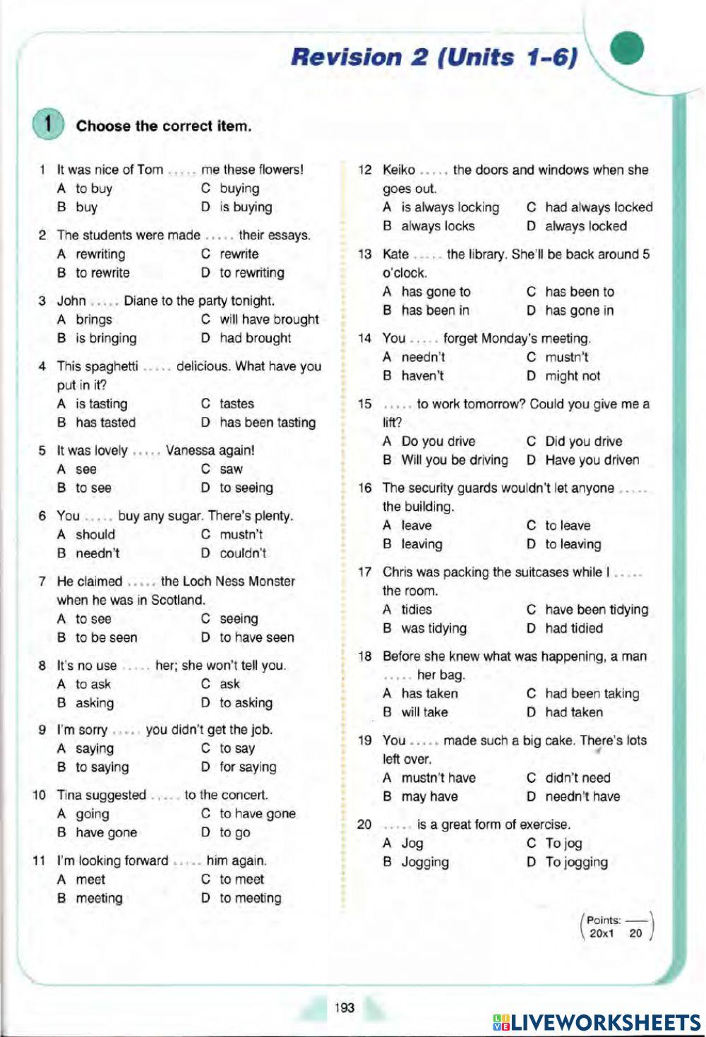 RU5-Revision 2 - Units(1-6) worksheet | Live Worksheets