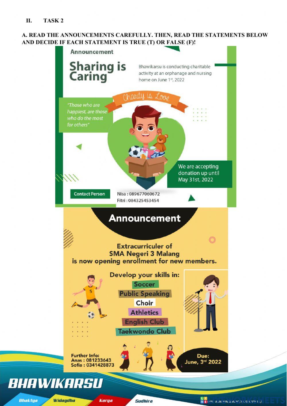 LKPD BAHASA INGGRIS: ANNOUNCEMENT online exercise for | Live Worksheets