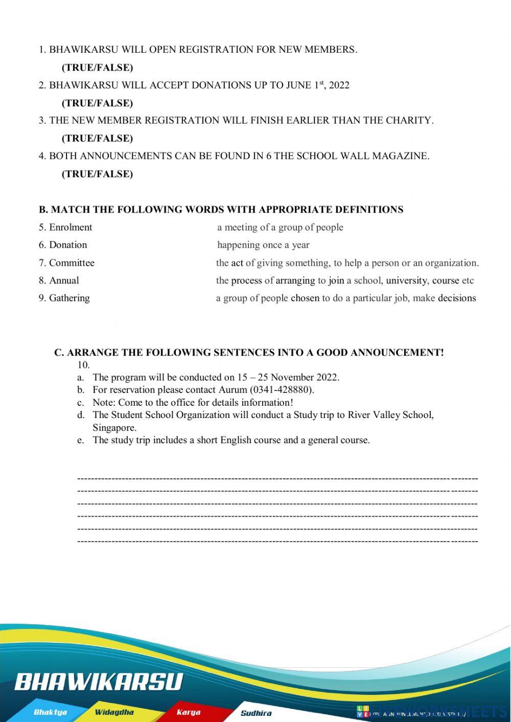 LKPD BAHASA INGGRIS: ANNOUNCEMENT online exercise for | Live Worksheets