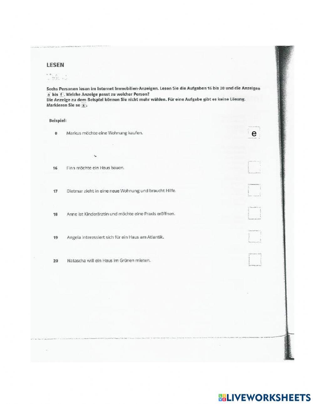 A2 Modelltest 2 Lesen online exercise for | Live Worksheets