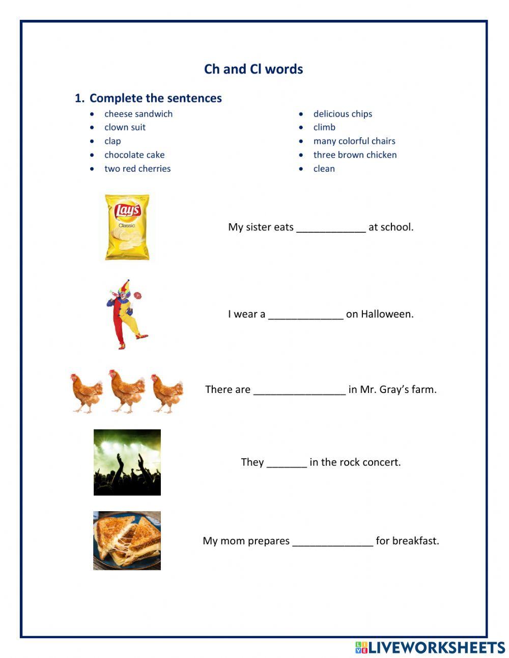 Ch and Cl words worksheet | Live Worksheets