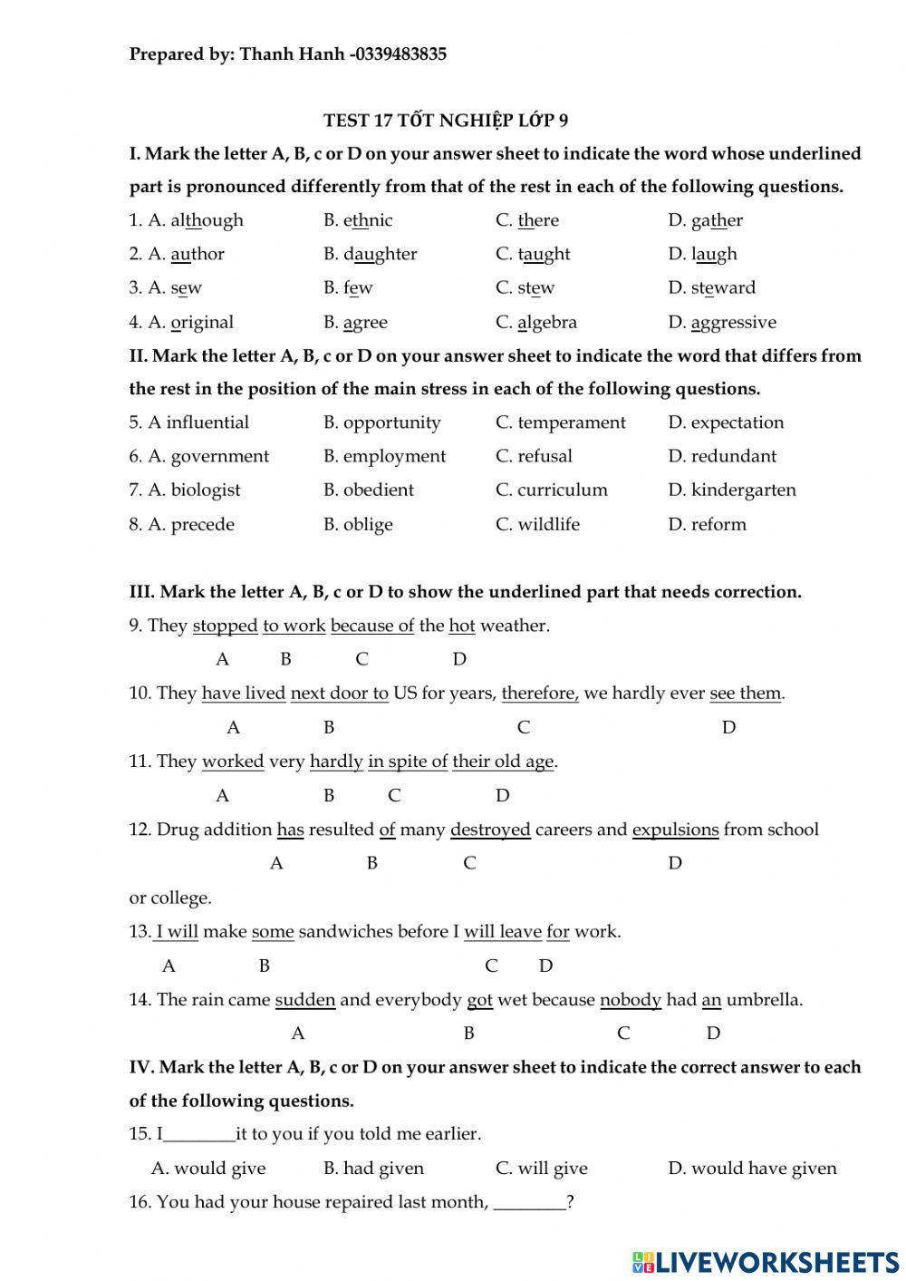 Test 17 tot nghiep worksheet | Live Worksheets