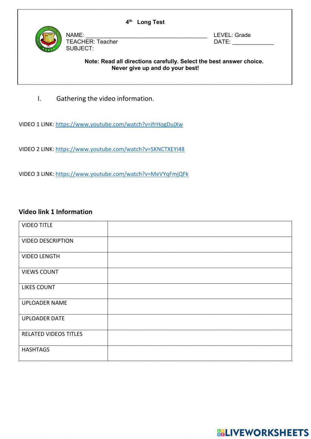 G3-COMPUTER-LONG TEST online exercise for | Live Worksheets