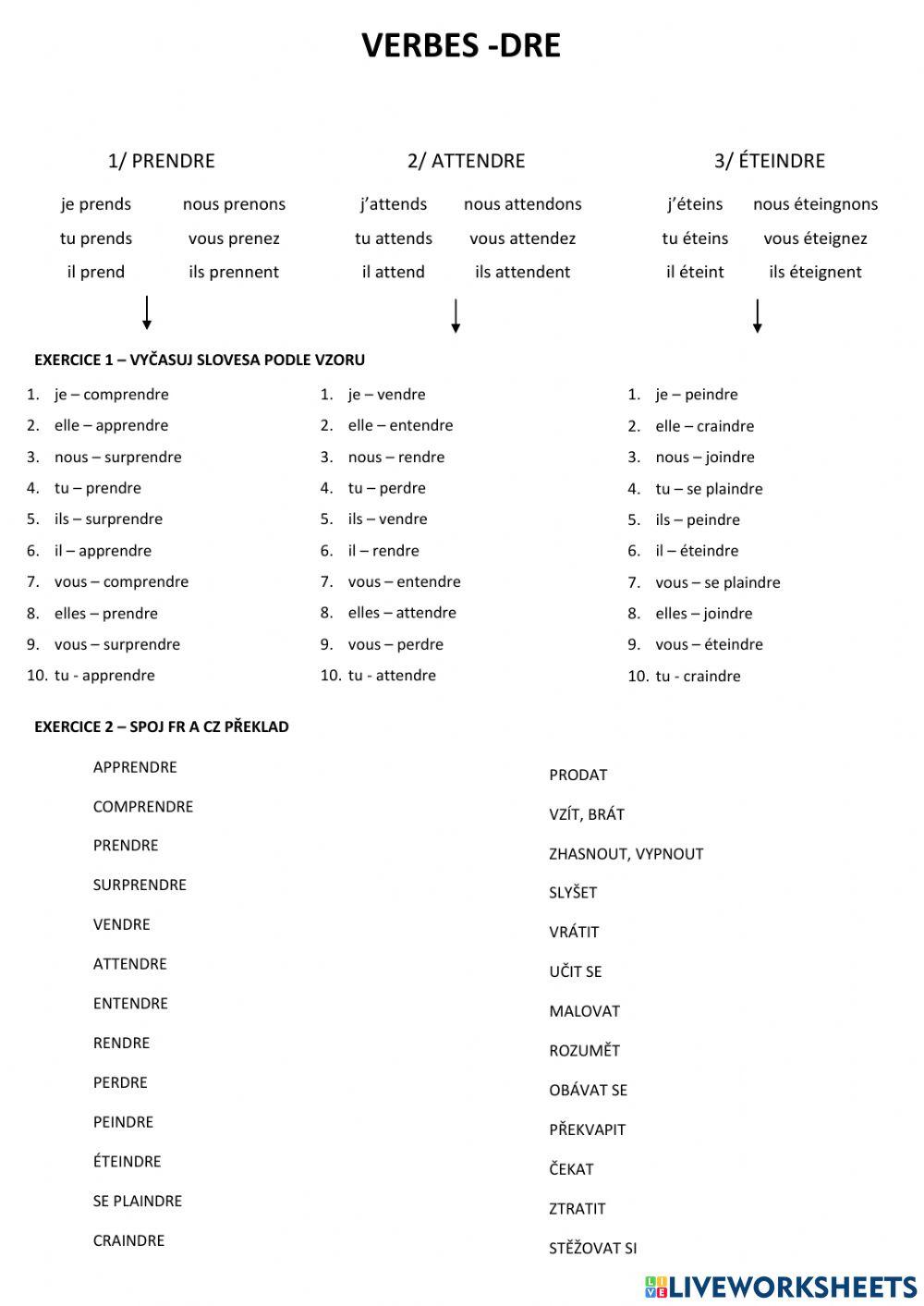 Verbes -dre | Free Interactive Worksheets | 2005880