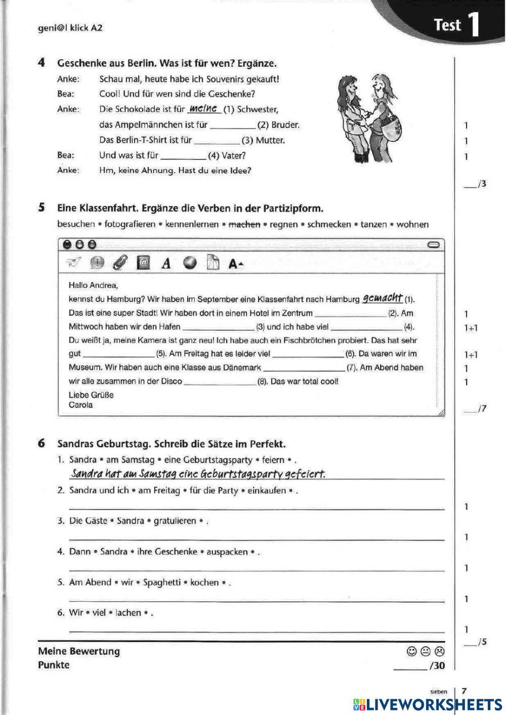 Test 1 Genial A2 4093857 | Lernlust- Clases de alemán