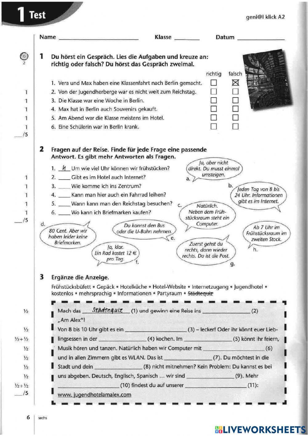 Test 1 Genial A2 4093857 | Lernlust- Clases de alemán