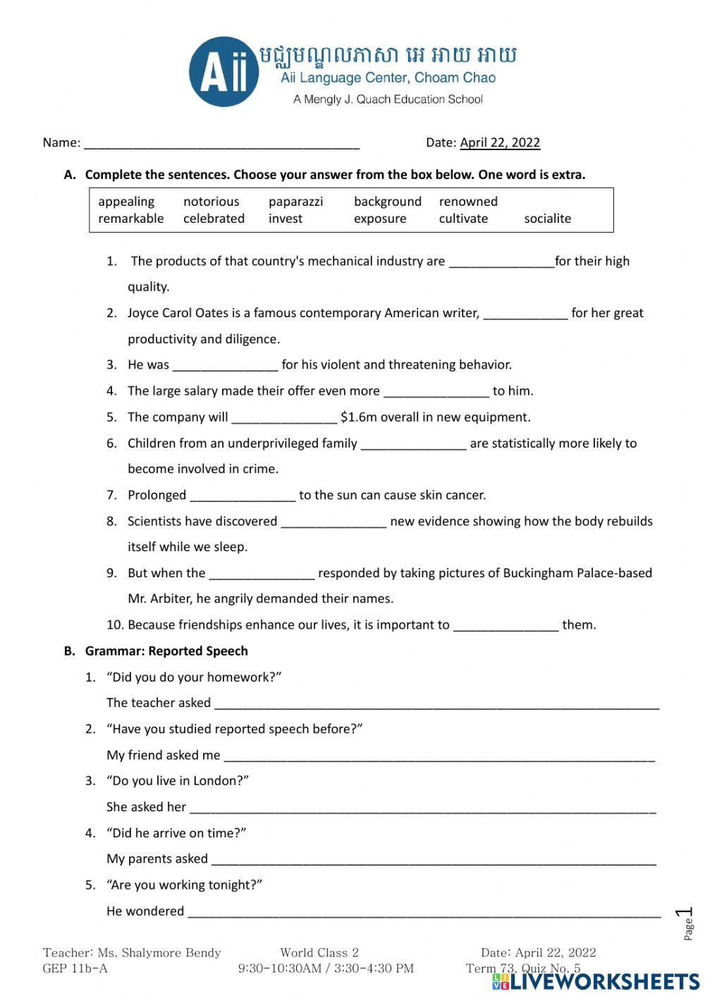 GEP 11 Quiz 5-April 22 online exercise for | Live Worksheets