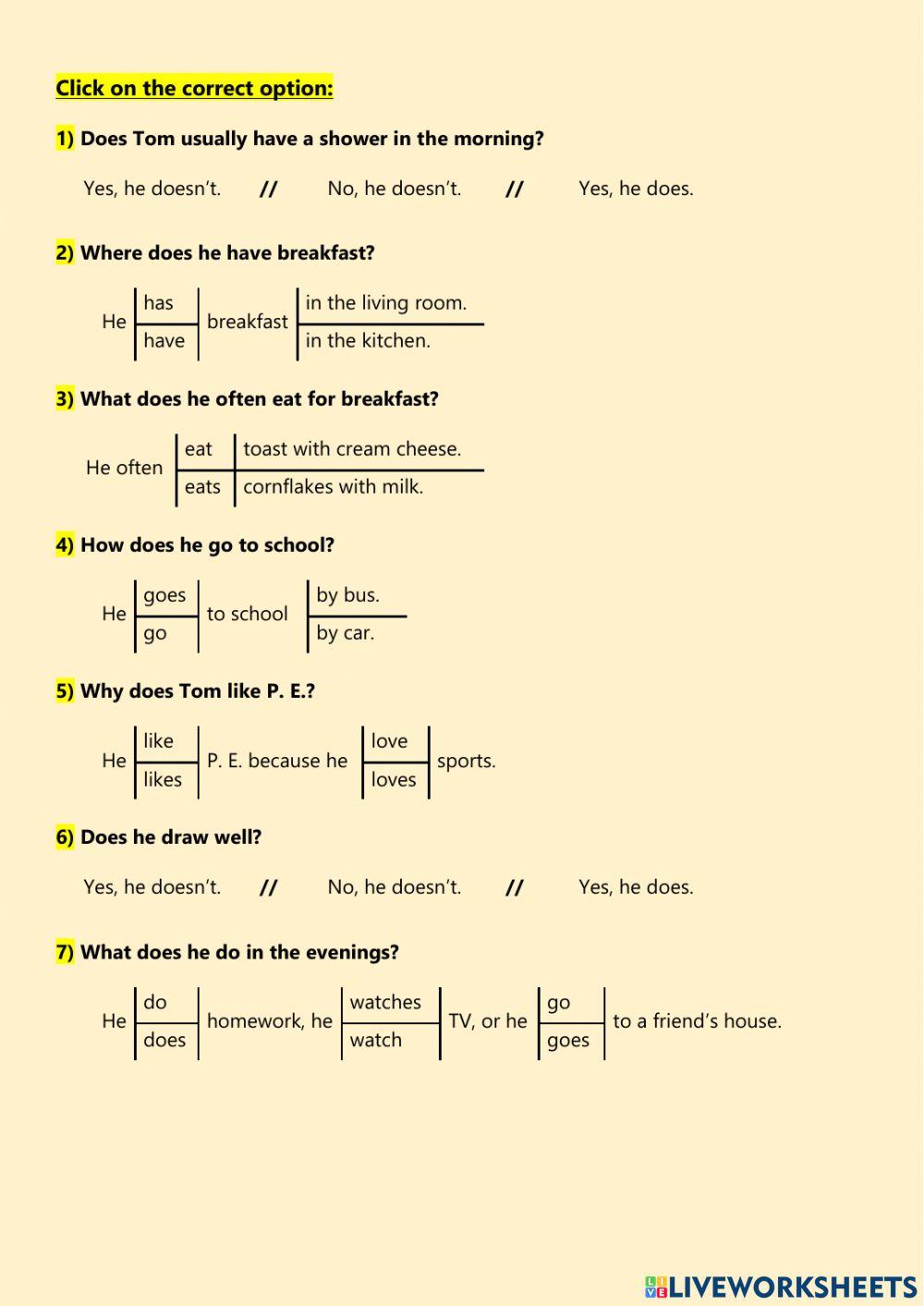 Tom's Daily Rou… | Free Interactive Worksheets | 2006636