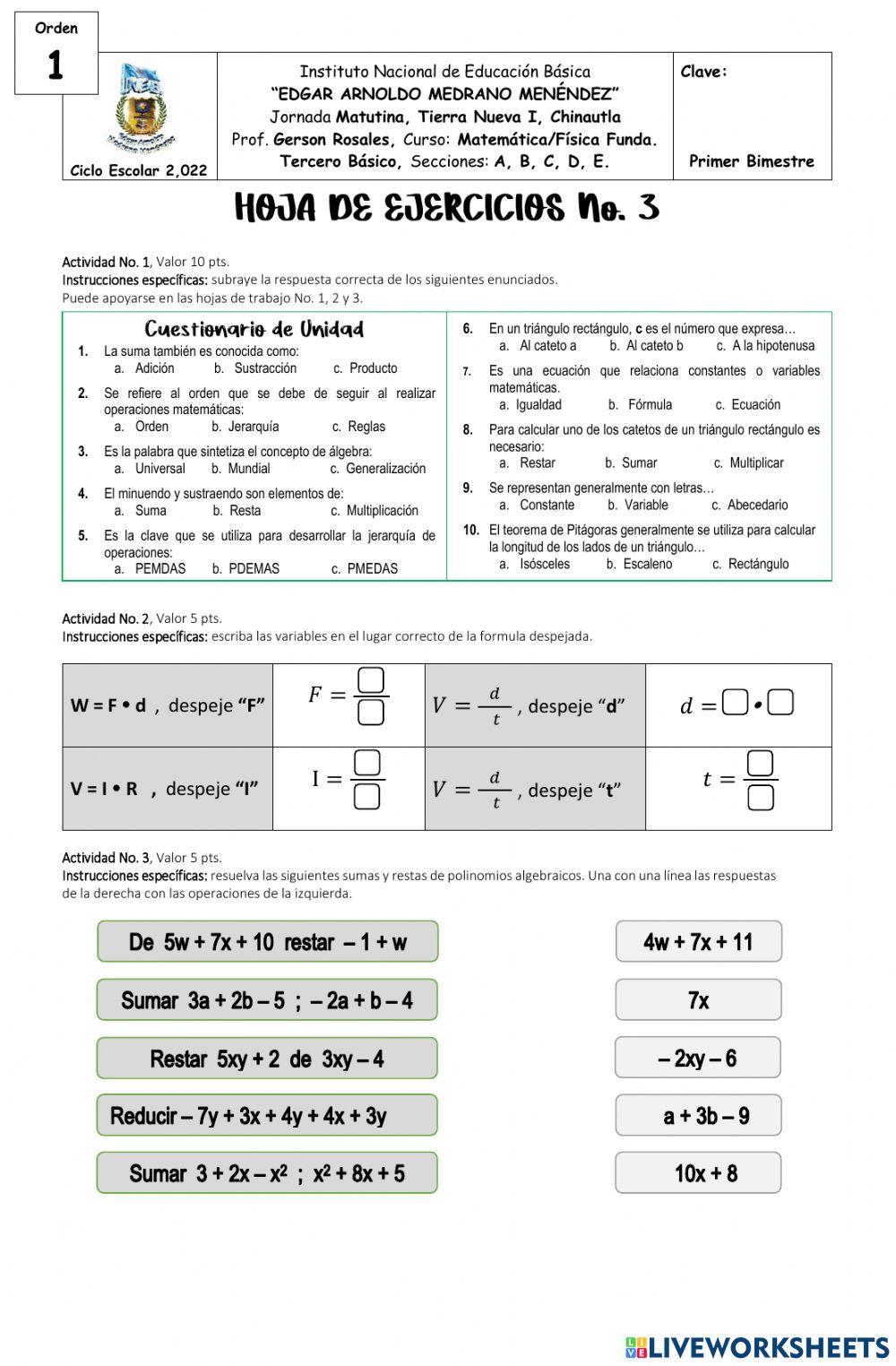 Hoja no. 3 (3ro basico) online exercise for | Live Worksheets
