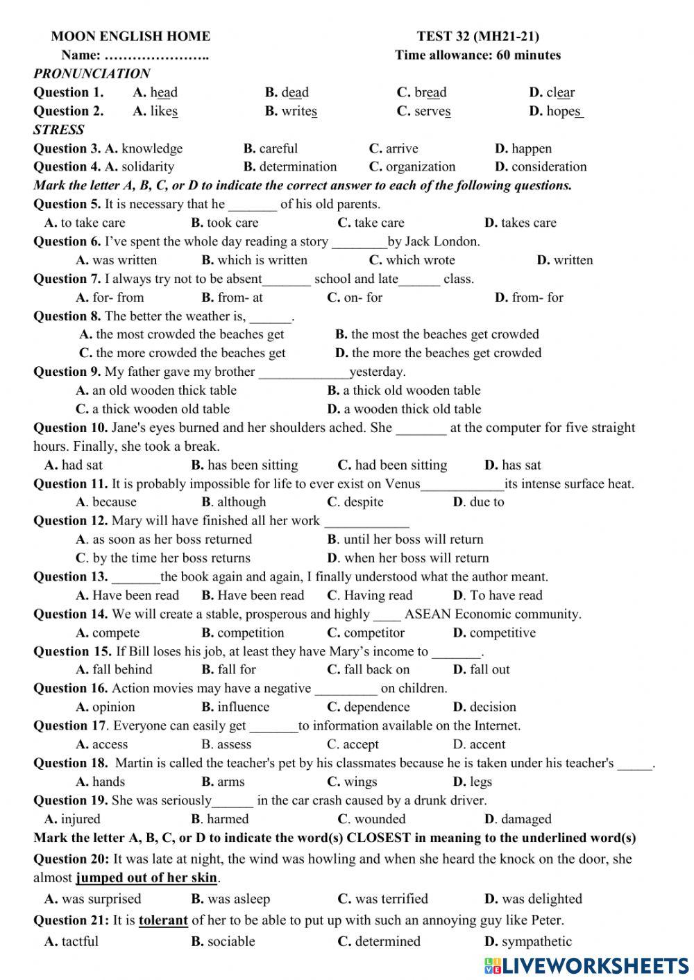 Grade 12- Test 33 2006983 | moonenglish123 | Live