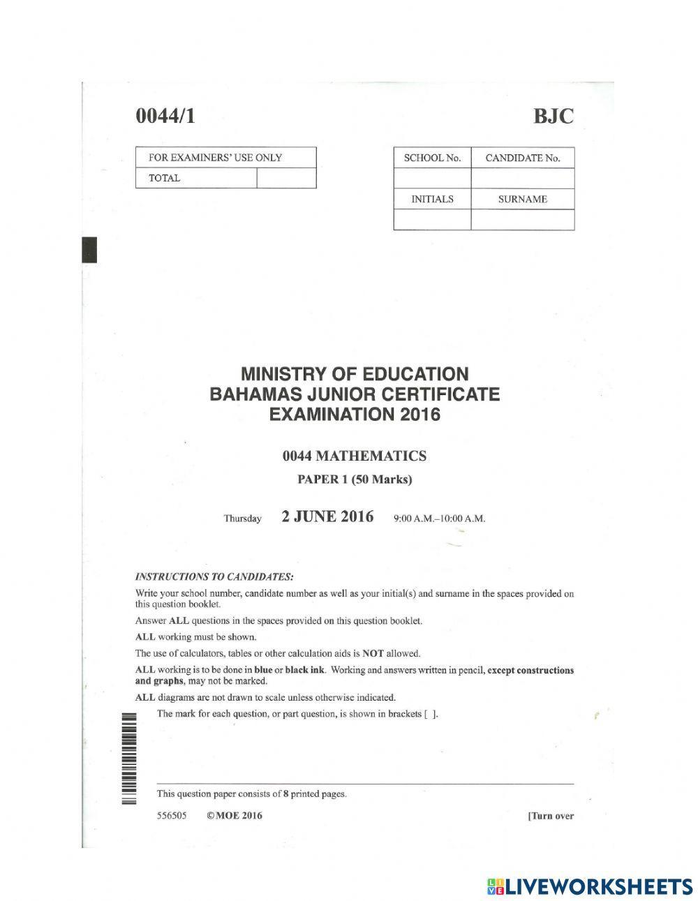 BJC paper1 2016 worksheet | Live Worksheets