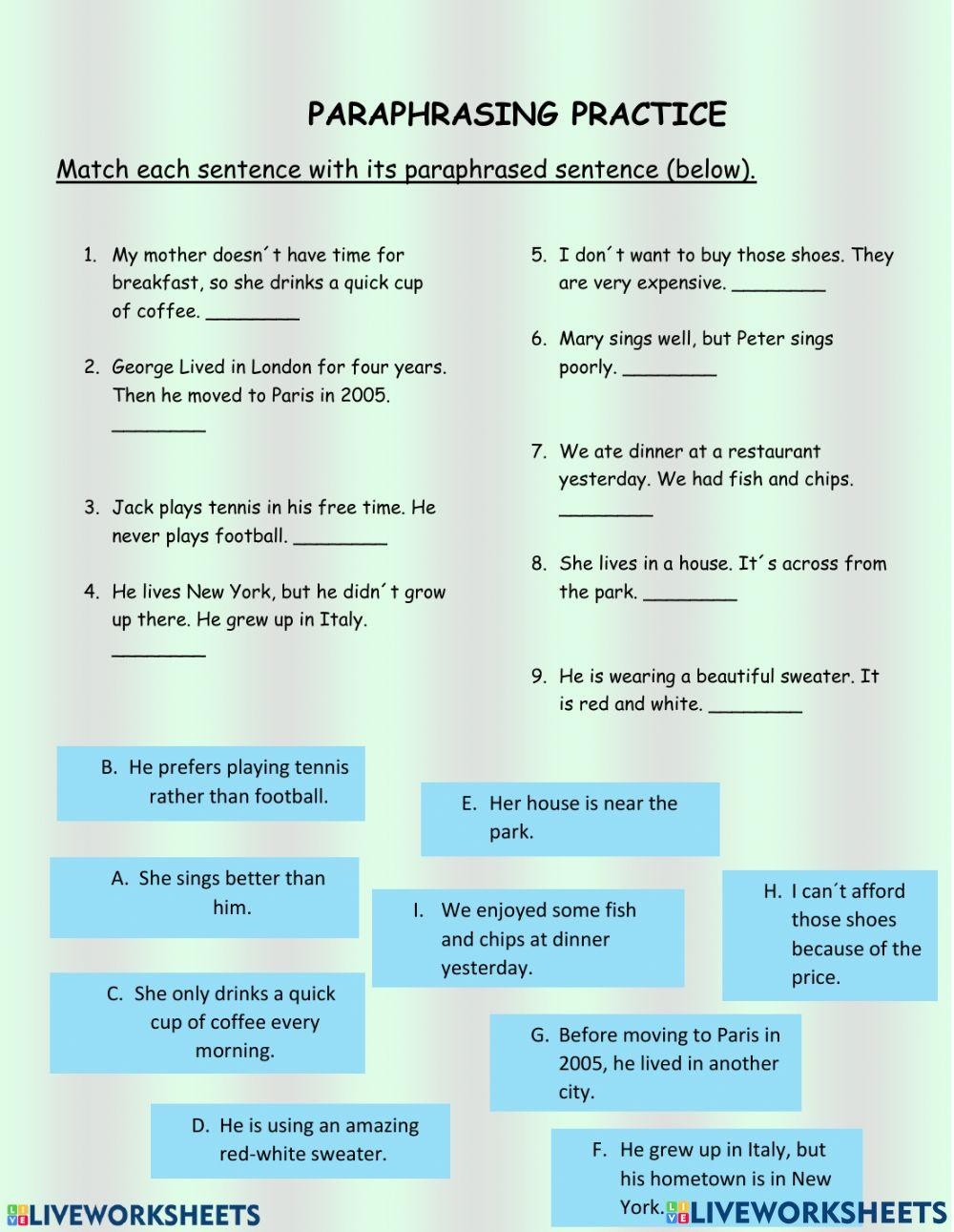 Parahrasing activity-Practica worksheet | Live Worksheets