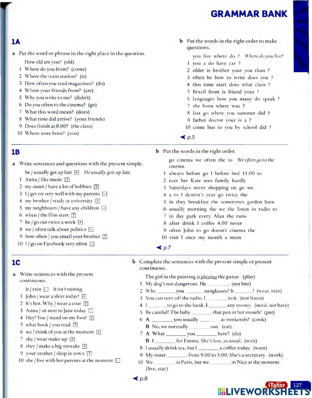 1B and 1C Pre interm online exercise for | Live Worksheets