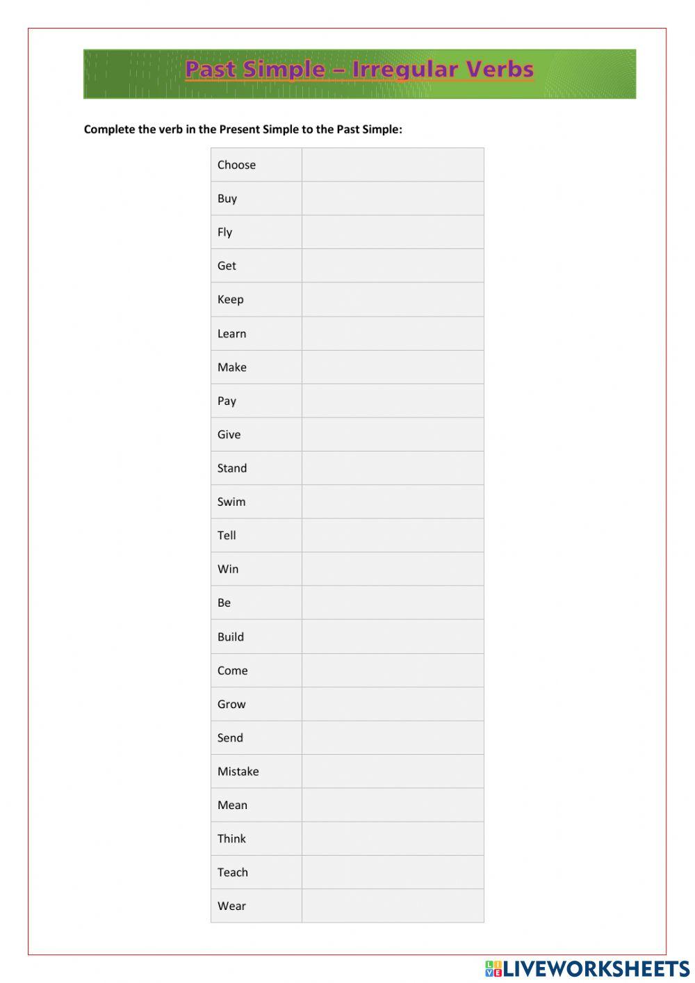Simple Past - Irregular Verbs exercise for Pre-Intermediate | Live Worksheets