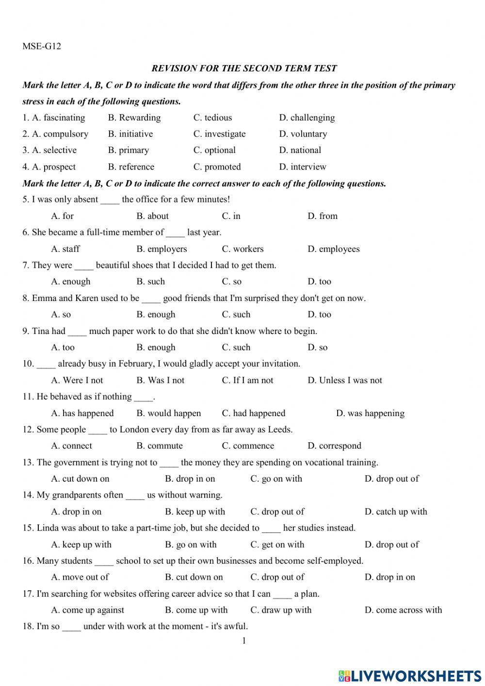 Revision for the second term test interactive worksheet | Live Worksheets