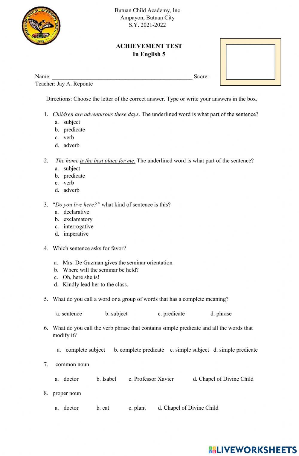 GRADE 5 ACHIEVEMENT TEST online exercise for | Live Worksheets