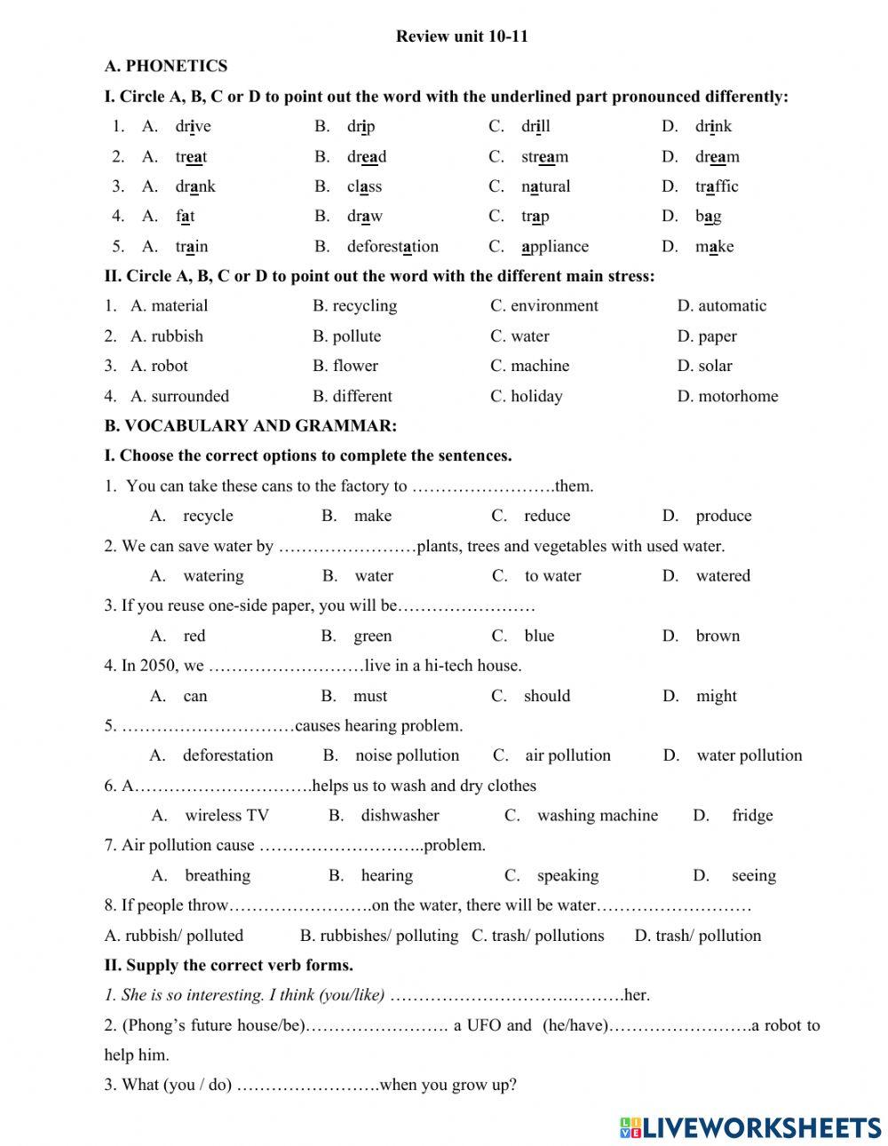 Lop 6-review unit 10- 11 worksheet | Live Worksheets