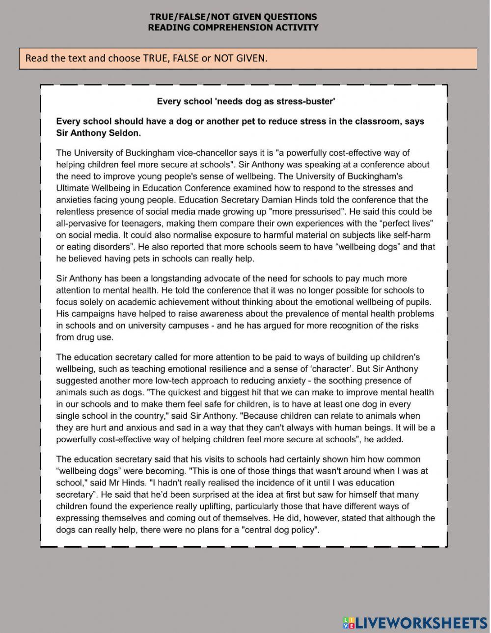 Reading Comprehension online exercise for Elementary | Live Worksheets