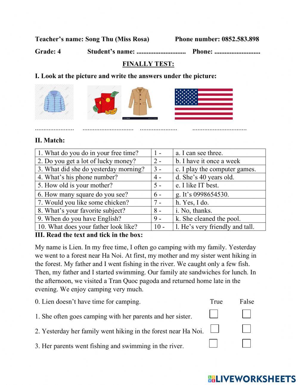 Finally Test - Grade 4 - English Miss Thu worksheet | Live Worksheets