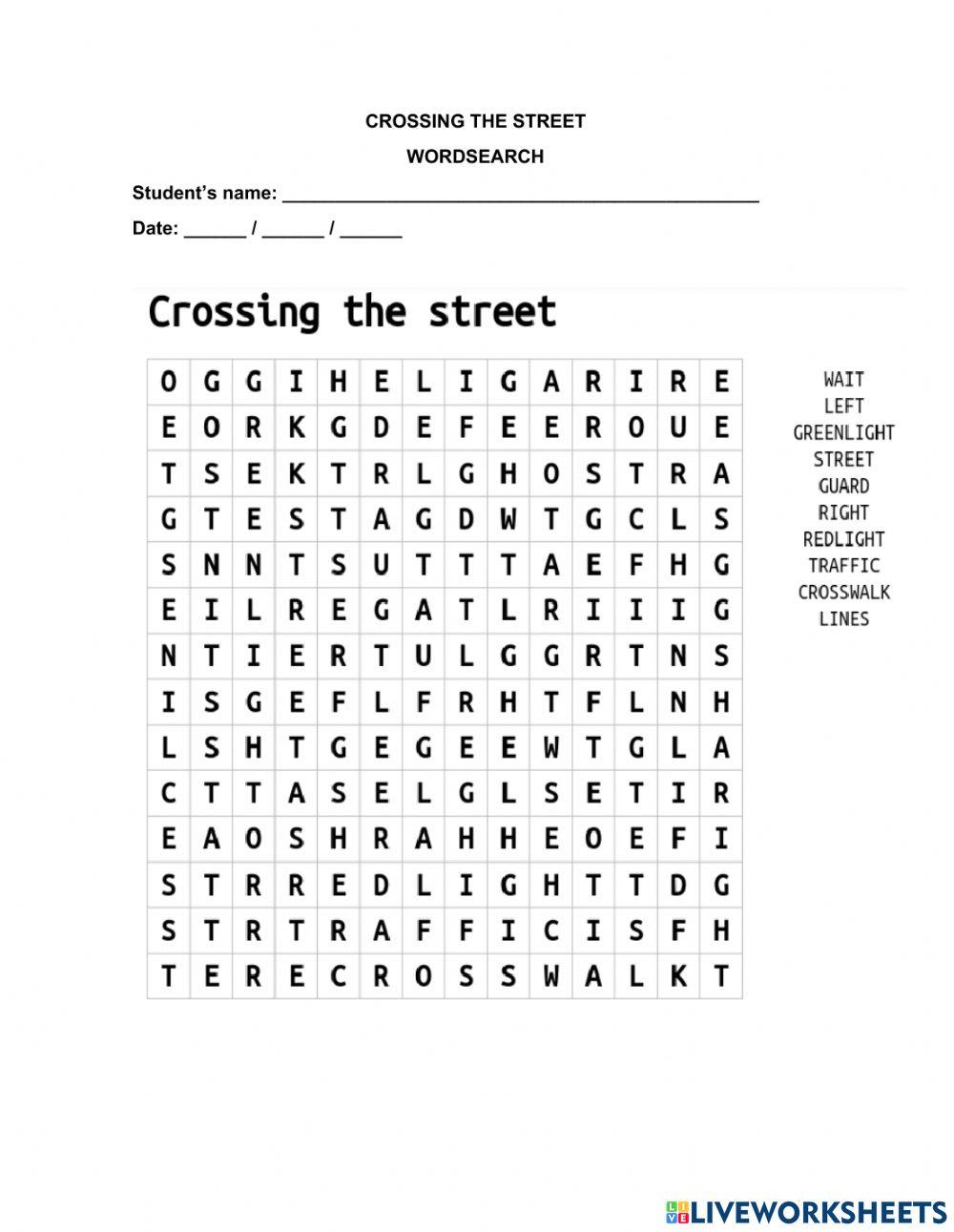 Crossing the street wordsearch worksheet | Live Worksheets