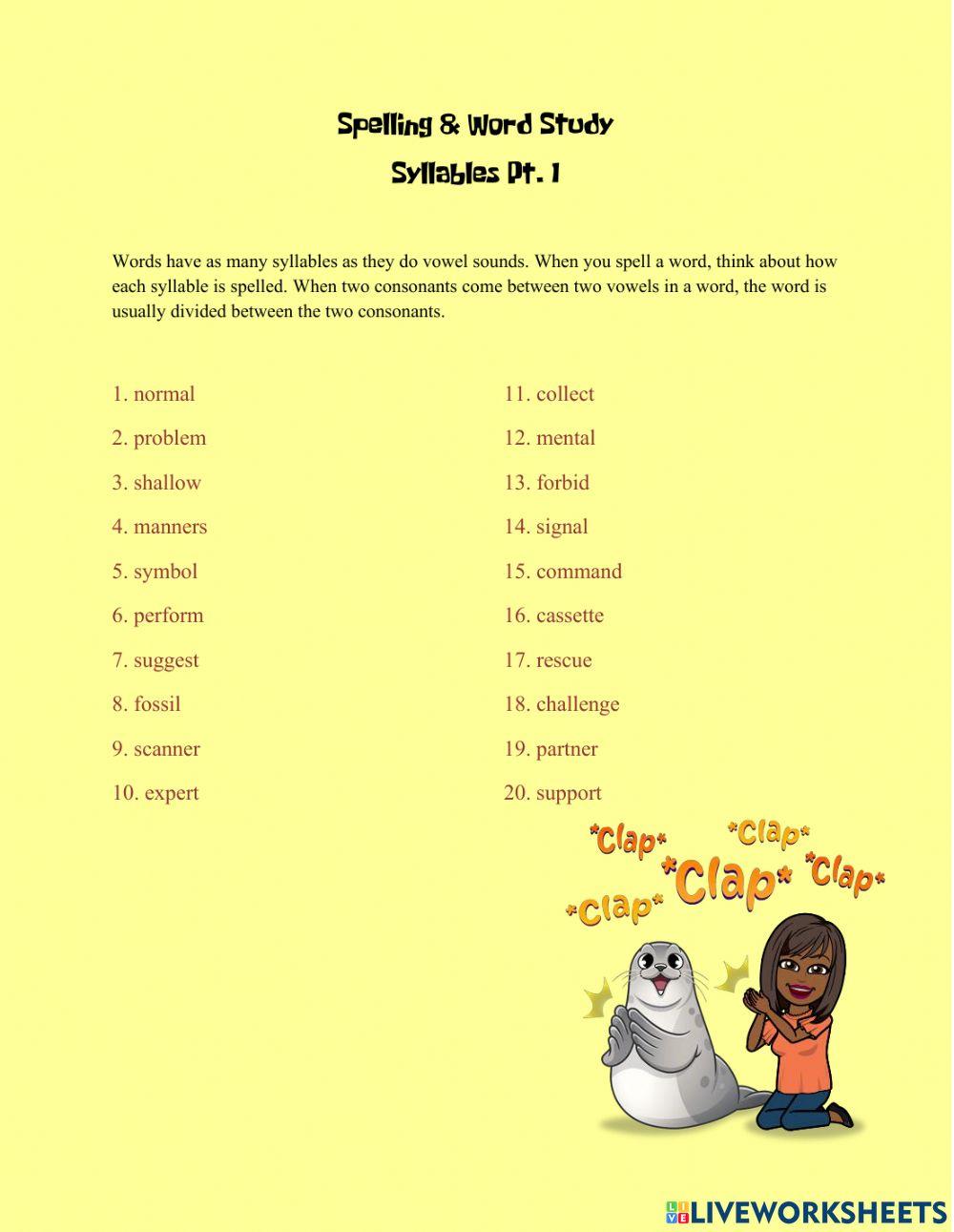 Syllables Pt. 1 worksheet | Live Worksheets