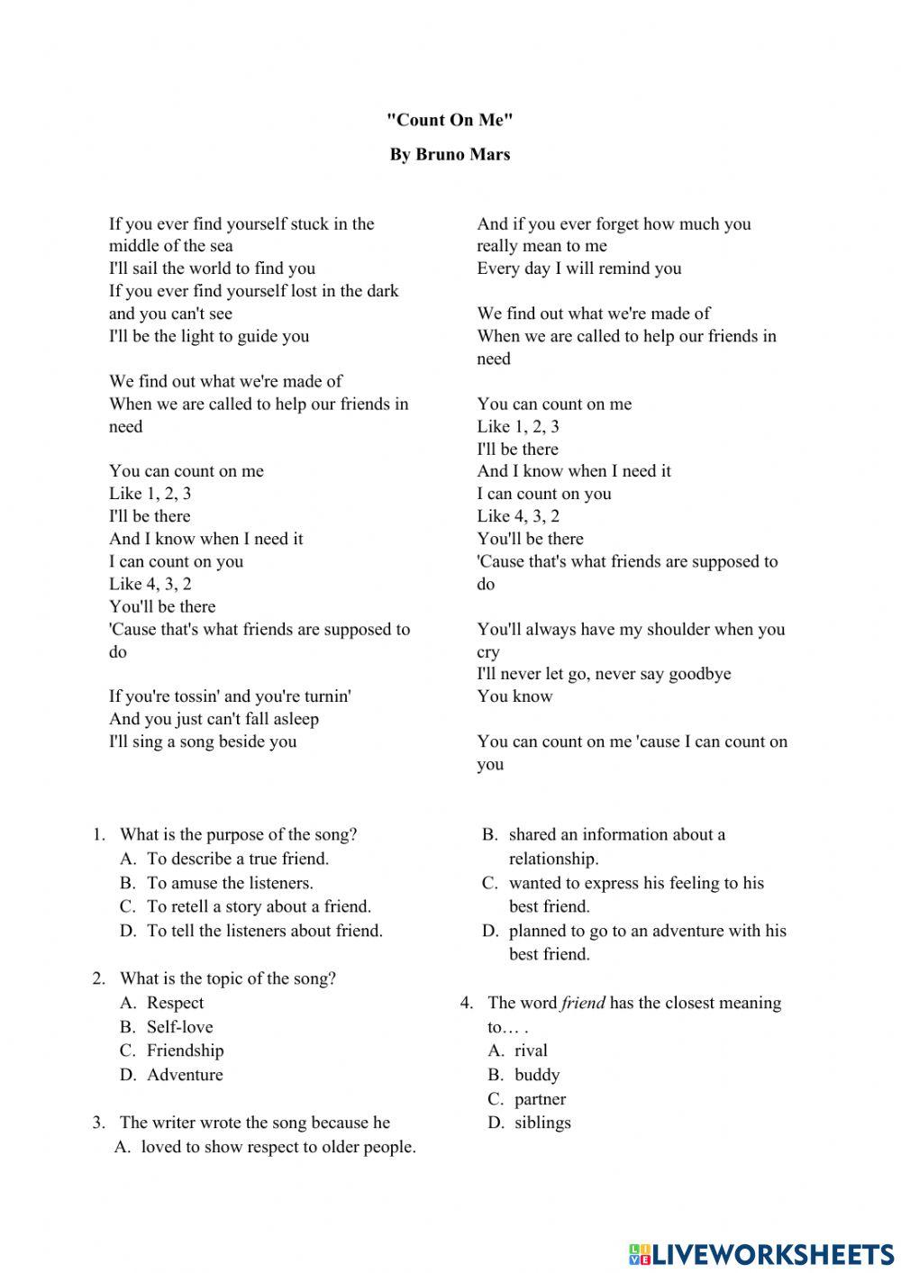 Song Lyric online exercise | Live Worksheets