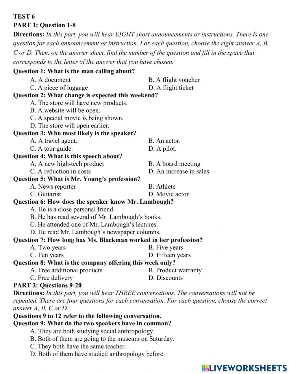 TEST 6-PART 1-2 | Free Interactive Worksheets | 2835215