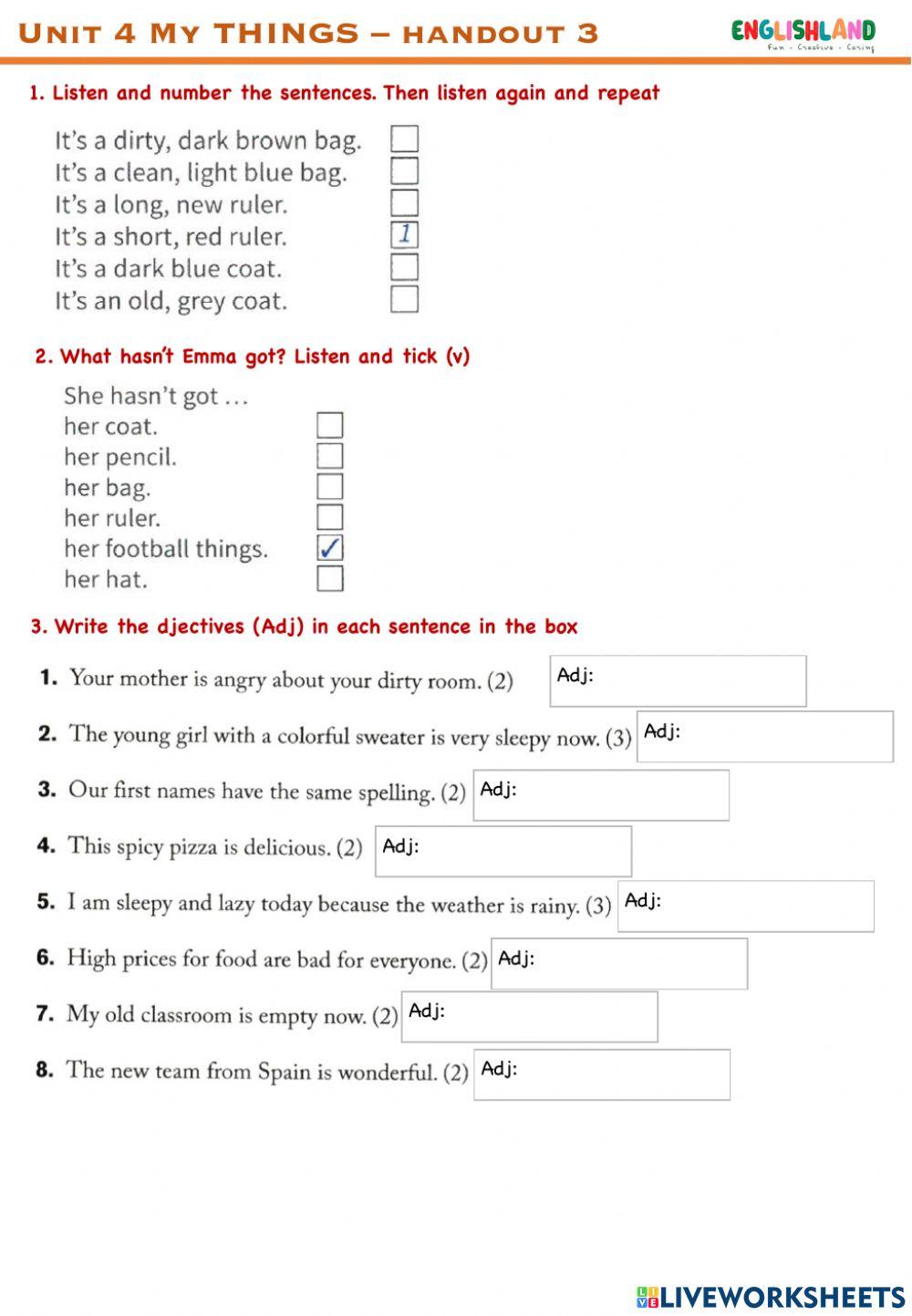 U4 My things handout 3 worksheet | Live Worksheets