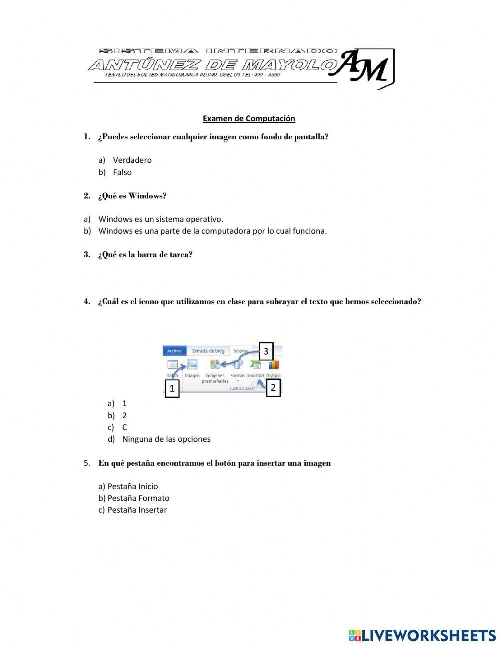 Pdf online exercise: Examen de computación | Live Worksheets