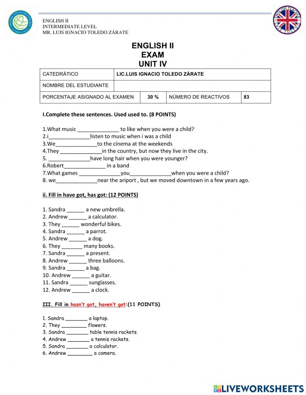 Unit iv-english ii-intermediate level worksheet | Live Worksheets
