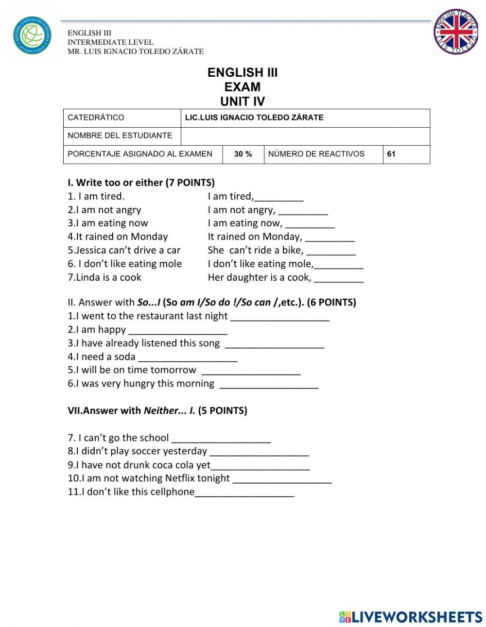 Exam-unit iii-unit iv worksheet | Live Worksheets