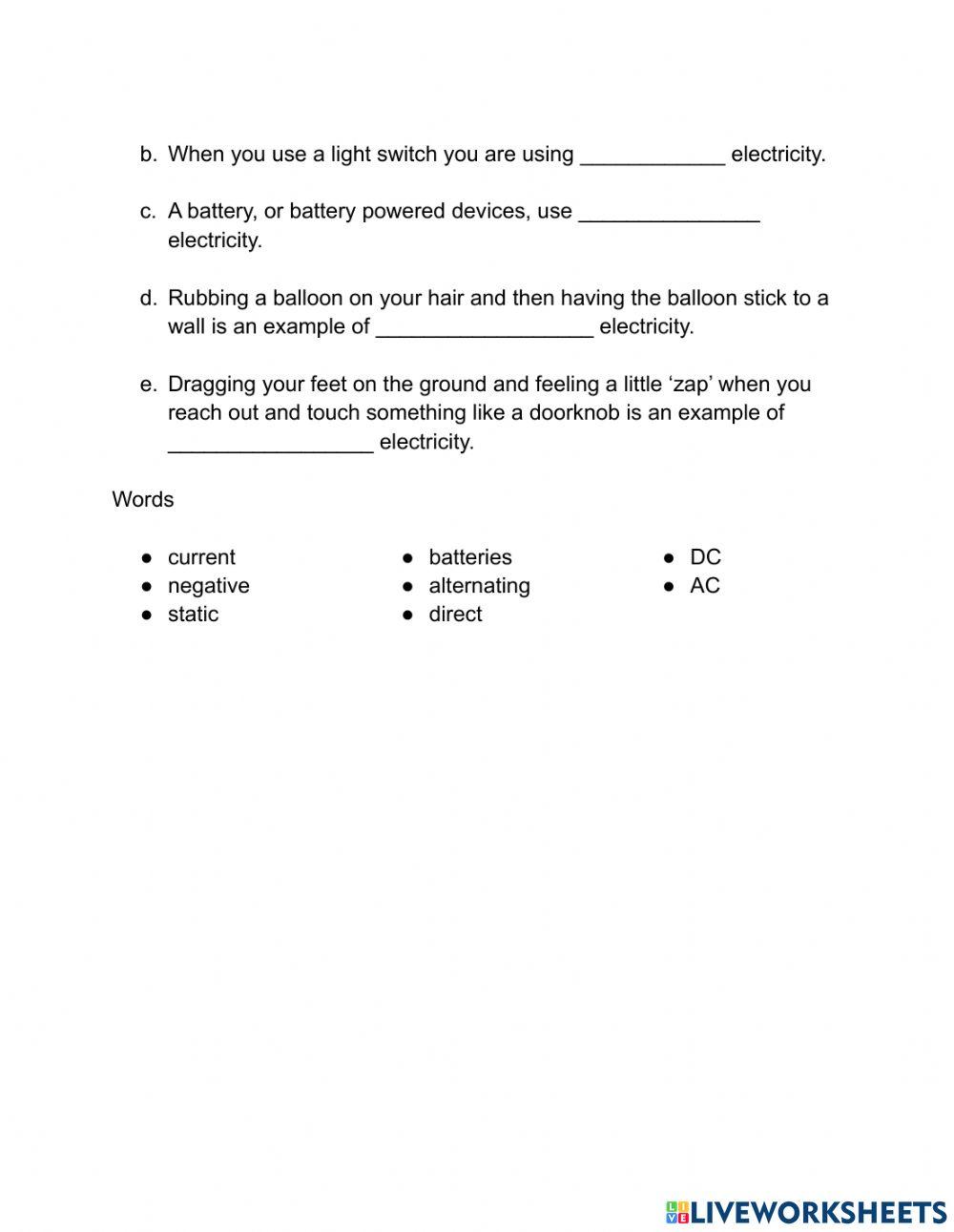 Test Types of Electricity worksheet | Live Worksheets