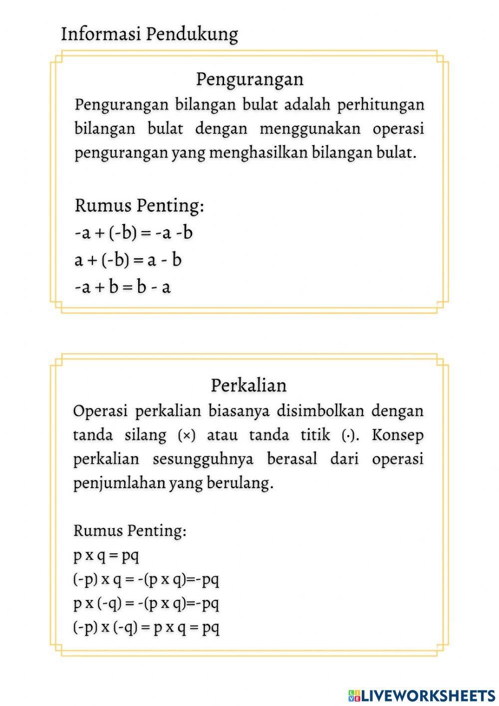 Operasi Hitung Bilangan Bulat online pdf worksheet | Live Worksheets